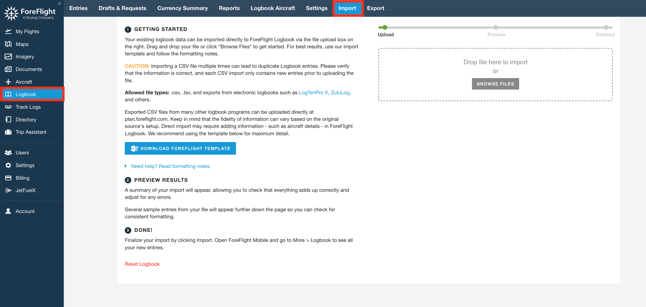 How can a LogTen logbook be imported into ForeFlight Logbook on an iPad ...