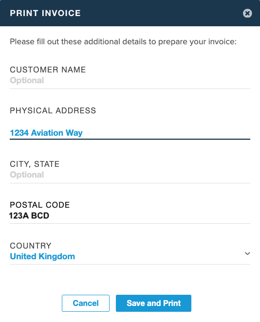 How can an invoice be printed with a company name and address (with Europe coverage only ...
