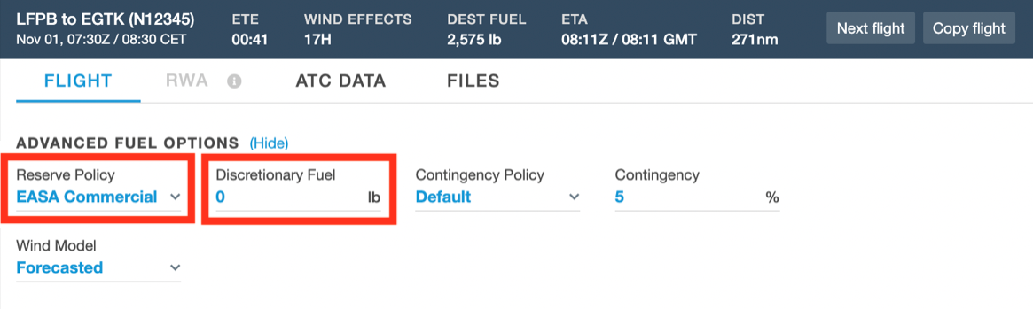 How is Discretionary Fuel specified when planning a flight in ...